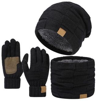 Generic Ardenknit Ensemble dhiver 3 pi&egrave;ces coupe-vent avec bonnet, &eacute;charpe et gants, doublure en polaire chaude pour temps froid, Noir, taille unique