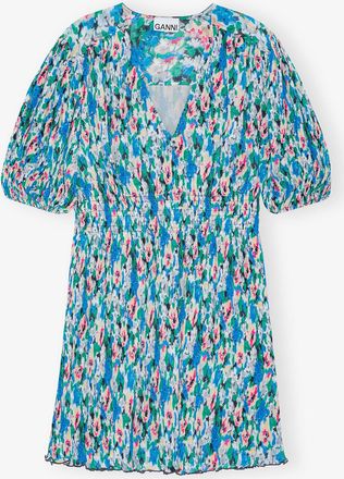 Ganni Robe mini en georgette pliss&eacute;e &agrave; encolure V - Taille 44 Bleu - Pour Femme