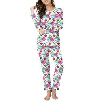 Generic Ensemble de sous-v&ecirc;tements de Saint-Valentin pour femme, pyjama imprim&eacute; color&eacute;, v&ecirc;tements de nuit 2 pi&egrave;ces, pull &agrave; manches longues et col rond avec pa