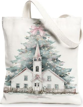 Generic Sacs fourre-tout en toile avec motif darbre de vacances vintage, sacs d&eacute;picerie r&eacute;utilisables, l&eacute;gers et lavables avec bandouli&egrave;re C, blanc, 13x15 Inc