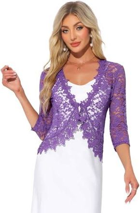Allegra K Boléro en Dentelle Florale Femme Manches 3/4 Élégant Cardigan Court Transparent Gilet Léger pour Invité de Maraige Mauve XL