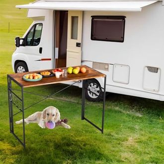 Furniture R Klapptisch Camping Tisch 100x50cm - Falttisch mit Haken & Stahlrahmen, 5,5cm flach, rostfrei, 50kg Tragkraft für Wohnmobil, Van, Reisen (Braun Holzopt