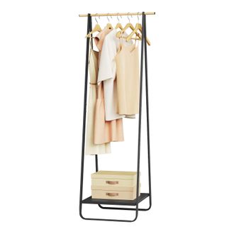 Woltu Kleiderständer Schwarz für Schlafzimmer Garderobenständer Schmal Metall Kleiderstange mit Metallablagen ca.54x45x141cm(BxTxH)