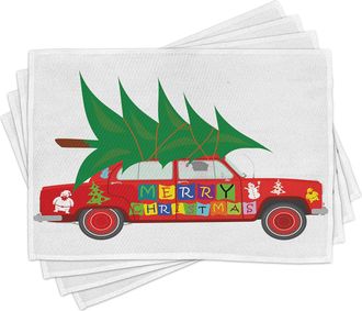 Abakuhaus Weihnachten Platzmatten, Red Vintage Car Elf, Waschbare Stoff Esszimmer Küche Tischdekorations Digitaldruck, Rot Weiß