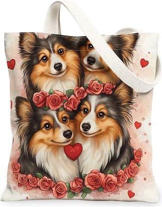 Generic Sac fourre-tout en toile motif chien de berger Shetland pour faire du shopping, 33 x 38,1 cm, sac &agrave; bandouli&egrave;re amusant et r&eacute;utilisable pour femme, pe