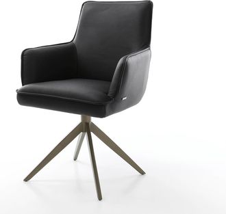 DELIFE Drehstuhl Heira-Flex mit Armlehnen Echt-Leder Schwarz Kreuzgestell breit Effektfinish Titan 360° drehbar Taschenfederkern, Esszimmerstühle