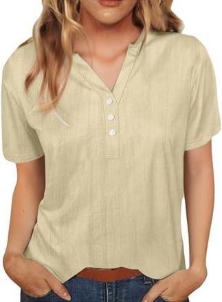 Generic IQYU T-shirt long pour femme - Grandes tailles - Manches courtes - En mousseline - Chemisier surdimensionn&eacute; en lin - Col en V - Couleur unie - Haut d&eacute;