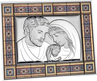 BELTRAMI Belcom 1 IKONE DER HEILIGEN FAMILIE AUS ROTEM KATHEDRALGLAS CM19x2, Glas Miro Silbermetall Holz Karton, silberfarben