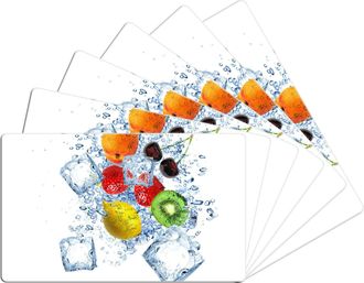 Wallario 6er Set Fr&uuml;hst&uuml;cksbrettchen aus Glas, Glasunterlage, Glasbrettchen Obst-Eisw&uuml;rfel-Mix im Wasser mit wei&szlig;em Hintergrund, Gr&ouml;&szlig;e 14 x 23 cm, Sicherheitsg