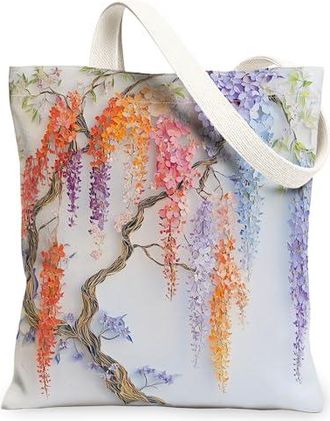 Generic Sac fourre-tout en toile de glycine printani&egrave;re pour faire du shopping, 33 x 38,1 cm, sac d&eacute;picerie r&eacute;utilisable pour femme, style 3D amusant, peintur