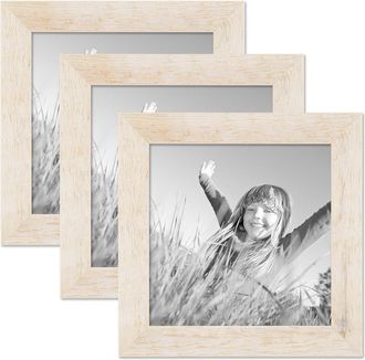 Photolini Bilderrahmen 20x20 cm Holz Weiß, 3er Set Echtholz-Rahmen rustikal, Strandhaus, Made in Germany, Echtglas, zum Aufhängen, extra Zubehör - Treibholzlook