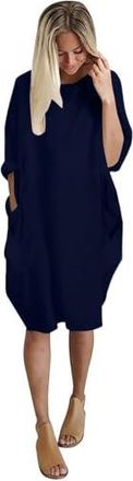 Generic Robe décontractée à col rond pour femme - Manches longues - Grande taille - Avec poches, bleu marine, L