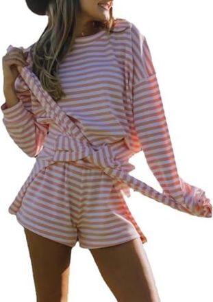 Generic Ensemble de pyjama 2 pi&egrave;ces &agrave; rayures &agrave; manches longues pour femme, ensemble de pyjama 2 pi&egrave;ces, tenue Y2K, ensemble court assorti, rose, XL