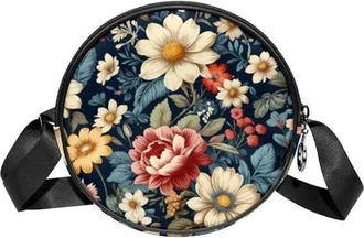 Generic Petit sac &agrave; bandouli&egrave;re circulaire pour femme, motif feuilles florales, sac &agrave; dos avec fermeture &eacute;clair, bretelles r&eacute;glables, sac &agrave; main rond d&eacute;contra