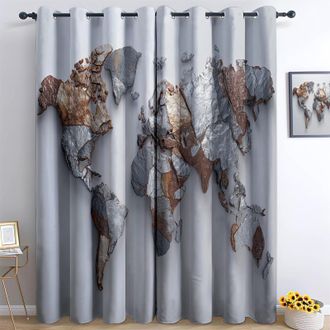 Generic Grau Superweich Vorhang Blickdicht Gardinen mit &Ouml;sen, Abstrakte Moderne Weltkarte Muster Thermovorhang K&auml;lteschutz f&uuml;r Schlafzimmer Wohnzimmer, H166 x