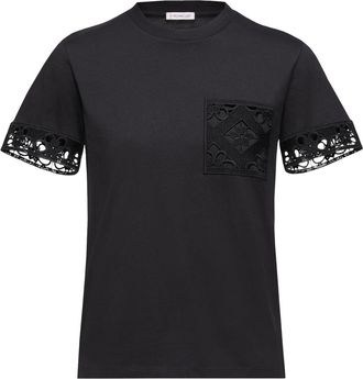 Moncler Moncler Macram&eacute;-trimmed Cotton T-shirt, Women, Black, Size: Xl