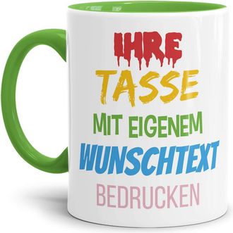 Tassendruck Tasse selbst gestalten/mit eigenem Text beschriften/Wunsch-Name/Spruch-Tasse/Innen & Henkel Hellgrün/Mittig gegenüber vom Henkel Bedruckt