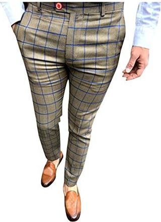 Generic Pantalon &agrave; carreaux pour homme, skinny - Pantalon de costume pour homme - Coupe ajust&eacute;e - Pantalon d&eacute;t&eacute; respirant - Pantalon de loisirs tendance - Con