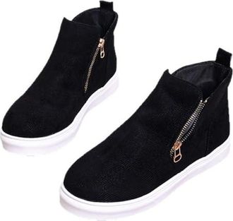 Generic Bottines plates en daim synth&eacute;tique &agrave; bout rond pour femme avec double fermeture &eacute;clair d&eacute;corative, confortables, l&eacute;g&egrave;res, d&eacute;contract&eacute;es, Noir, 40.5 E