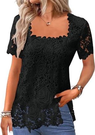 Generic T-shirt en dentelle pour femme - &Eacute;l&eacute;gant - Col carr&eacute; - Haut en dentelle - Manches courtes - T-shirt basique - Vacances - Tunique - Hauts d&eacute;t&eacute; d&eacute;contra