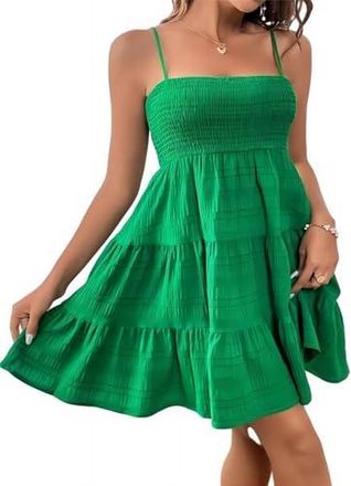 Generic Mini robe caraco avec smocks et bretelles spaghetti pour femme, robe patineuse d&eacute;t&eacute; taille haute, ample et confortable &agrave; volants, Vert, XXL