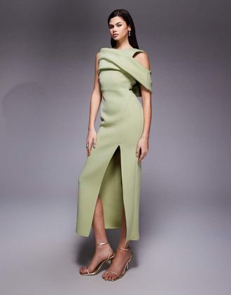 Asos Robe droite drap&eacute;e en imitation n&eacute;opr&egrave;ne &agrave; &eacute;paule tombante et d&eacute;coupes - Vert sauge