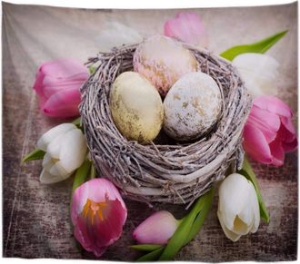 A.Monamour Wanddekor Wandbild Vorhang Wandteppiche Ostereier Im Nest Mit Tulpe Blumen Auf Rustikalen Holzplanken Boden Urlaub Stoff Wand Tapisserie Wandbehänge V