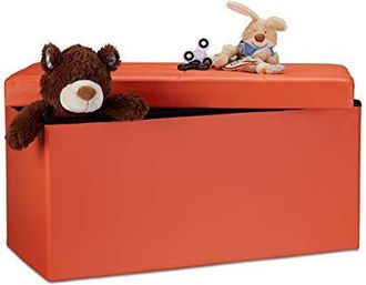 Relaxdays Faltbare Sitzbank 38 x 76 x 38 cm HxBxT, 2-Sitzer m. Stauraum, Kunstleder Sitzhocker 300 kg belastbar, orange