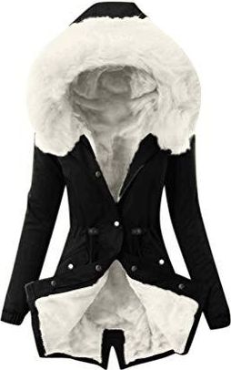 Minetom Printemps Hiver Manteau Long Femmes Chaud Veste Col Capuche Fourrure Fausse Manteaux Chaud Slim Blouson Manteaux Vintage Sweats C Noir Blanc L