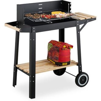 Relaxdays Grill Relaxdays avec roues, 2 &eacute;tag&egrave;res, grille ajustable, pare-vent, chariot H x L x P : 80,5 x 86 x 42 cm, noir