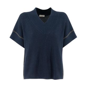 Brunello Cucinelli Femme, Pulls, Bleu, Taille: 42 FR T-shirt décontracté en coton avec broderie emblématique