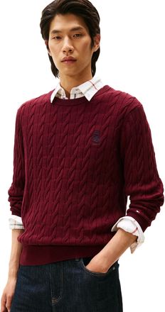 Tommy Hilfiger Herren Crest Cable Knit Crewneck Sweater Lightweight Pullover, Deep Burgundy Heather, Klein