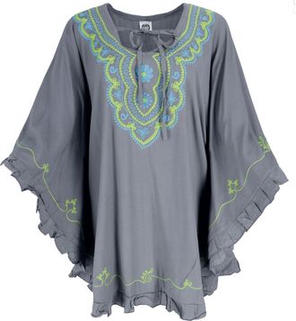 Guru Shop Bestickter Hippie Poncho, Tunika, Kaftan, Strandkleid, Maxi Gr&ouml;&szlig;e - Grau, Damen, Synthetisch