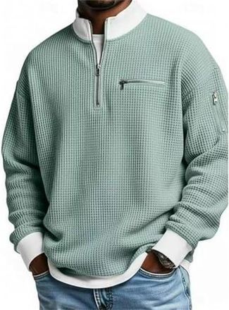 Generic Sweat d&eacute;contract&eacute; &agrave; fermeture &eacute;clair contrast&eacute;e pour homme, col montant, demi-fermeture &eacute;clair, pull gaufr&eacute; ample, Vert, 3XL