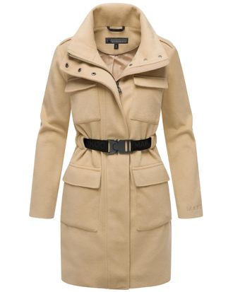 Marikoo Damen lange &Uuml;bergangsjacke Kurzmantel in Woll-Optik mit Tailleng&uuml;rtel Tanokoo 16 Beige Gr. S