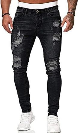 Onsoyours Pantalon en Denim De Coton À Trous Droits pour Hommes Slim Stretch Jean Déchiré Hommes Skinny Slim Fit Jeans Extensible Rétro Pantalon Jeans A Noir XL