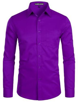 PARKLEES Chemise habill&eacute;e &agrave; manches longues pour homme, coupe ajust&eacute;e, style d&eacute;contract&eacute;, business ou formel, &agrave; boutons avec poche, violet, XXL