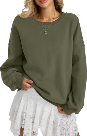 TOMWELL Sweatshirt Damen Oversized Pullover Herbst Winter Rundhals Pulli Fleecepullover Langarmshirt A Armeegrün XXL