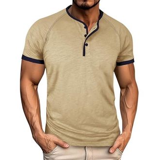Generic DENGJIAMY Chemise Henley &agrave; manches courtes pour homme - T-shirt d&eacute;t&eacute; classique basique pour homme - V&ecirc;tements d&eacute;contract&eacute;s - Col en V boutonn&eacute;, kaki, 