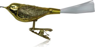 Lauschaer Glas Christbaumschmuck Vogel mit Glasschwanz Gold Glanz 3 Stück Christbaumschmuck Weihnachtsbaumschmuck mundgeblasen, handdekoriert