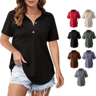 Generic Tunique Henley &agrave; manches courtes en tricot gaufr&eacute; pour femme, manches courtes, col en V, couleur unie, tunique d&eacute;contract&eacute;e 2025, Noir, XXL