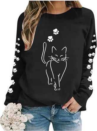 Generic Pull de No&euml;l pour chat noir avec lumi&egrave;res de No&euml;l, chemise &agrave; col rond, pull de vacances, pull &agrave; manches longues, chemisier &agrave; col rond, surdimensionn&eacute;,