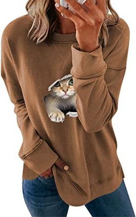 ORANDESIGNE Sweatshirt Chat Femme Automne Col Rond Sweater Patchwork Shirt T-Shirt à Manches Longues Chic Pull Décontracté Oversize Sweat Sportswear Tunique Haut 