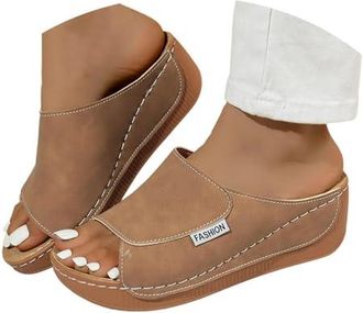 Generic Sandales orthop&eacute;diques compens&eacute;es en cuir &eacute;pais pour femme - Bout ouvert - Chaussures de marche d&eacute;contract&eacute;es - Pour voyage, vacances - Confortable - 