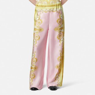 Versace Printed silk twill trousers in yellow/pink