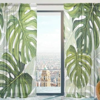 Mnsruu Window Gardinen, Tropical Muster Gr&uuml;ne Bl&auml;tter Weiche T&uuml;ll Voile Vorh&auml;nge f&uuml;r Wohnzimmer Schlafzimmer 140 x 198 cm, 2 Paneele