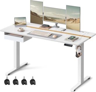 Vasagle Höhenverstellbarer Schreibtisch elektrisch, 160 x 70 cm Tischoberfläche, Memory-Funktion mit 4 Höhen, mit Steckdosen und Stoffschublade, wolkenweiß-go