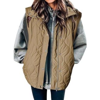 Generic Gilet court matelass&eacute; l&eacute;ger &agrave; col montant pour femme - Veste sans manches avec bouton dautomne et fermeture &eacute;clair - Manteau chaud pour femme, kaki, X