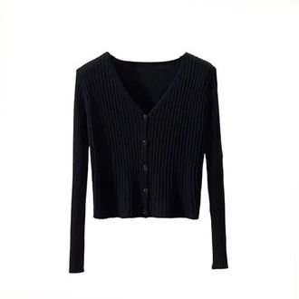 Generic Cardigan &eacute;l&eacute;gant &agrave; col en V c&ocirc;tel&eacute; &agrave; manches longues pour femme - Cardigan taille haute - Manteau d&eacute;contract&eacute;, Noir-13506, Taille Unique