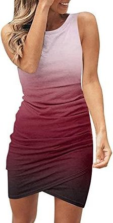 Generic 2026 Robe amincissante pour femme avec encolure mini sans manches ourlet rond fronc&eacute; d&eacute;contract&eacute; mince, Rouge, M